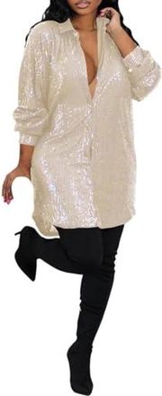 Generic Robe chemise ample &agrave; paillettes pour femme Printemps/Hiver Robe courte de demoiselle dhonneur Grande taille, beige, 3XL