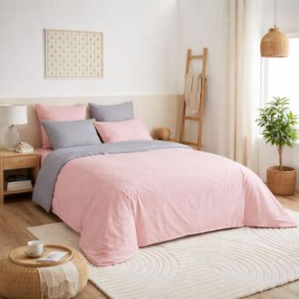 Univers D&eacute;cor Pack HARMONIE 6 pi&egrave;ces Rose & Gris- Coton 57 fils - Housse 240x220 + Drap housse 140x190 cm