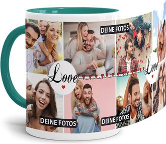 Tassendruck Tasse mit Spruch Love zum SELBSTGESTALTEN mit Foto-Collage für 8 WUNSCHFOTOS - Fototasse personalisiert - Persönliche Geschenkidee für Freunde und Fam