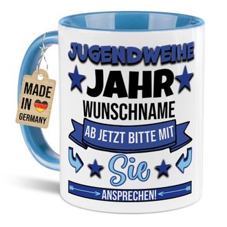 Tassendruck Tasse zur Jugendweihe mit Namen und Jahr selbst gestalten - Ab jetzt Bitte mit Sie ansprechen, blau - Personalisiertes Geschenk - Keramiktasse, 300 ml