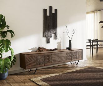 DELIFE Lowboard Manjula 200 cm Mango Braun 4 T&uuml;ren V-Fu&szlig; Metall Schwarz, Lowboards