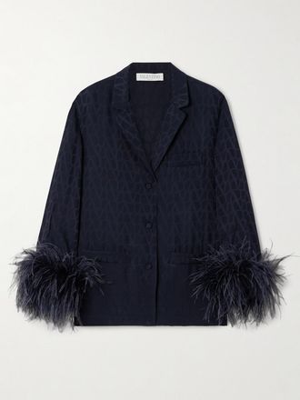 Valentino Garavani Hemd Aus Seidensatin Mit Jacquard-muster Und Federn - Blau