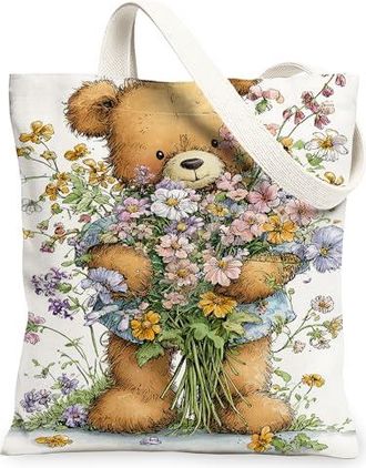 Generic Sacs fourre-tout en toile motif ours floral, sacs d&eacute;picerie r&eacute;utilisables, l&eacute;gers et lavables, blanc, 13x15 Inch