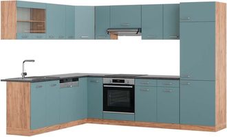 Vicco Eckküche R-Line, Blau-Grau/Goldkraft Eiche, 227 x 287 cm, AP Anthrazit