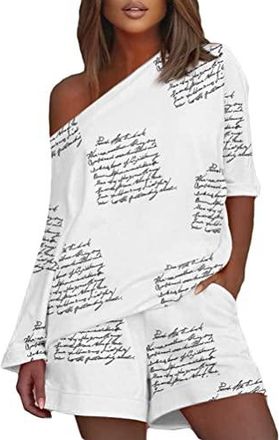 Onsoyours Survêtement de Sport pour Femme 2 Pièces Combinaison de Sport Printemps Eté Costume Décontracté Epaule Inclinée Haut à Manches Longues + Short Ensembl