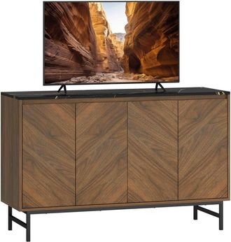 HOMCOM Meuble TV - HOMCOM - 4 portes, plateau effet marbre et étagères réglables - panneau de particules et MDF - 120x39x76cm - noyer