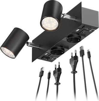 LEDs Com Wandspot WAIKA, 2-flammig, schwarz, Steckdosen, USB-C, USB-A, inkl. LED GU10 Lampen je 227lm, warmweiß