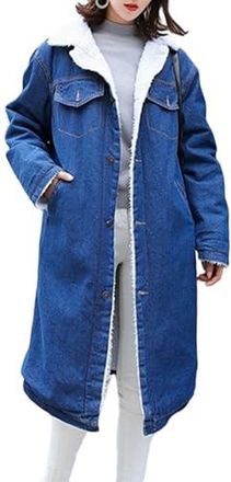 Generic Manteau long en jean doubl&eacute; polaire Sherpa pour femme - Trench en denim &eacute;pais - Patchwork, noir fonc&eacute;, XXL