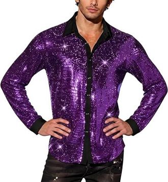 Generic Chemise &agrave; paillettes pour homme - &Agrave; manches longues et paillettes - Costume disco des ann&eacute;es 70 et 80 - Style r&eacute;tro - Pour f&ecirc;te, discoth&egrave;que, nouvel a
