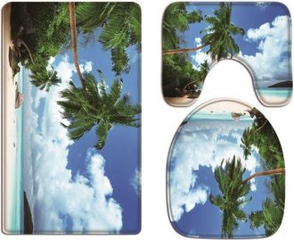 A.Monamour Badezimmer Badematte 3 Teilig Set Tropical Island Beach Seaside Palm Tree Wolken Toiletten Deckel Für Wc-Zubehör Flanell Saugfähig Badteppiche Badvorl