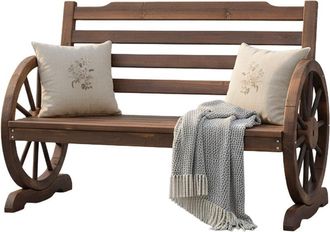 Relaxdays Relaxdays Gartenbank Wagenrad, rustikales Design, HBT: 77x112x52 cm, 2 Sitzer, Holzbank mit Lehne, Outdoorbank, braun