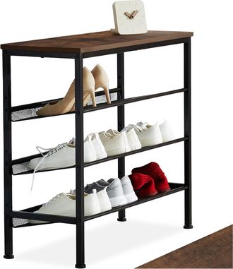 TecTake 800950 Schuhregal schmal mit Ablagefläche, Schuhablage aus Holz Metall, Industrie-Design, 4 Ebenen mit 3 Gitterablagen, 75,5 x 30,5 x 69,5cm, schwarze