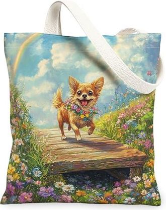 Generic Sac fourre-tout en toile motif chihuahua printanier 33 x 38,1 cm, sac d&eacute;picerie r&eacute;utilisable pour femme, motif floral, plage, esth&eacute;tique, peinture est