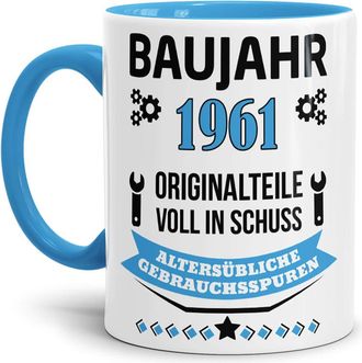 Tassendruck Geburtstags-Tasse Baujahr 1961 Innen & Henkel Hellblau/Kaffee-Tasse/Mug/Cup/Becher/Lustig/Witzig/Fun/Geschenk-Idee/Geburts-Jahr/Scherz-Artikel/Geburts