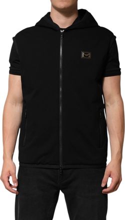 Dolce & Gabbana Mens Black Sleeveless Hooded Logo Plaque Jacket Clothing