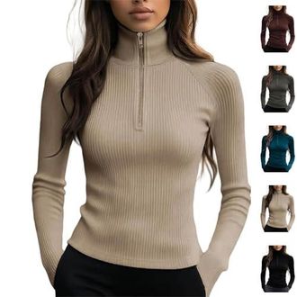 Generic Pull &agrave; col roul&eacute; c&ocirc;tel&eacute; pour femme - Couche de base thermique - Manches longues - Fermeture &eacute;clair, abricot, XXL