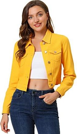 Allegra K Femmes Bouton Cou Manche Longues Basic Décontracté Tondu Denim Jean Veste Jaune M
