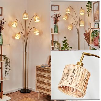 HOFSTEIN Stehleuchte Cavaca, moderne Stehlampe mit Marmorfuß aus Metall/Rattan in Schwarz/Messing gebürstet/Naturfarben, verstellbare Leuchte mit Fußschalter, 