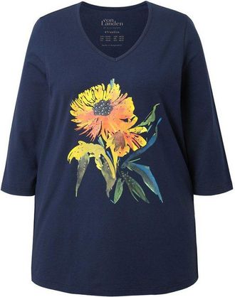 Ulla Popken T-Shirt Shirt Sonnenblume A-Linie V-Ausschnitt 3/4-Arm