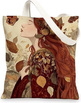 Generic Sac fourre-tout artistique en toile, motif feuilles vintage, sacs de courses réutilisables, légers et lavables à bandoulière pour les voyages, marron,
