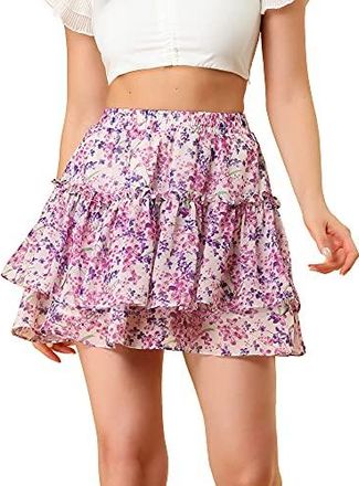 Allegra K Jupe Courte Imprimé Floral Frais A-Ligne Mini Jupes Courtes pour Femme Beige XS