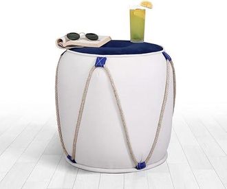 Emob Modern Pouffe with 50% Cotton & 50% Velvet, Blue & White, 44 cm Height, 42 cm Depth | 6 cm Orthopedic Sponge, PVC Coated Hidden Legs | Stylish & Funct
