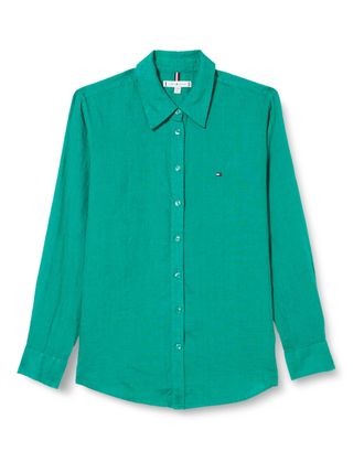 Tommy Hilfiger Damen Bluse Leinen Relaxed Shirt Hemdbluse, Grün (Olympic Green), 38