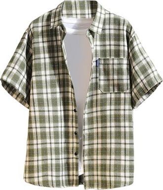 Generic Chemise &agrave; Carreaux d&eacute;contract&eacute;e et l&eacute;g&egrave;re pour Homme - Col Rabattu Classique Respirant Confortable Manches Courtes Loisirs en Plein air