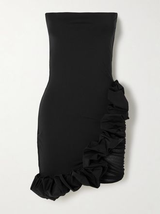 Maygel Coronel Chari Tr&auml;gerloses Minikleid Aus Stretch-jersey Mit T&uuml;llbesatz Und R&uuml;schen - Schwarz