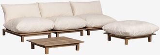 Sklum Gartenset mit 3-teiligem modularen Liegesofa f&uuml;r den Garten mit Couchtisch und Pouf aus Brina-Akazienholz Creme-Beige - Sklum