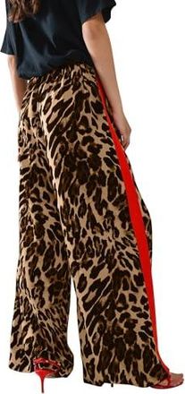 Generic Pantalon &agrave; jambe large imprim&eacute; l&eacute;opard pour femme - Pantalon &agrave; jambe droite - Taille &eacute;lastique - Coutures lat&eacute;rales rouges - Pantalon dext&eacute;rieur avec 