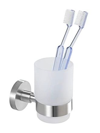 WENKO Porte-Brosse à Dents Mural Uno Mod. Bosio | Porte-gobelet Salle de Bain en INOX avec Verre à Dents satiné | Inclus vis et Chevilles | DIM (l x h x p) 