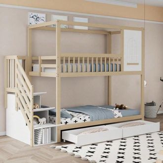 Generic Kinder-Etagenbett Hausform mit Fenstern - Massivholz, Sicherheitszaun & Schubladen - Kinderzimmer platzsparend - 90x200 cm (Naturholz + Holz + 90cm * 