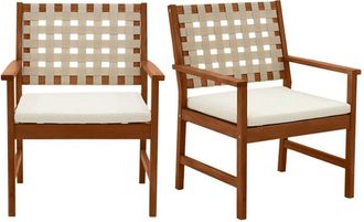 Miliboo Fauteuils de jardin en bois massif avec coussin blanc et sangles beiges (lot de 2) santana