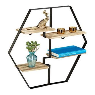 Relaxdays Hexagon Regal für die Wand, 4 Ablagen, Holz & Eisen, sechseckiges Wandregal HBT 52x60x12 cm, schwarz/natur