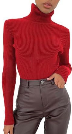 Generic Pull Femme Doux Slim Fit L&eacute;ger Manches Longues Col Roul&eacute; Maillot de Corps Sexy Tricot&eacute; Chaud Mode Pull Serr&eacute; Manches Longues Femme, RD1, taille unique