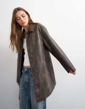 Topshop Blouson style motard en similicuir - Marron d&eacute;lav&eacute;