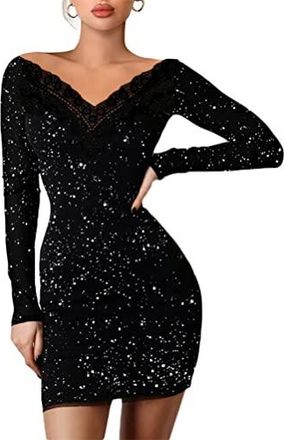 ORANDESIGNE Robe De Soirée Femme Chic Et Glamour Courte Elegant Mode Robe Moulante Mini Manche Longue Vintage Sequin Disco Fête Cocktail Robe Bal de Promo A Noir 
