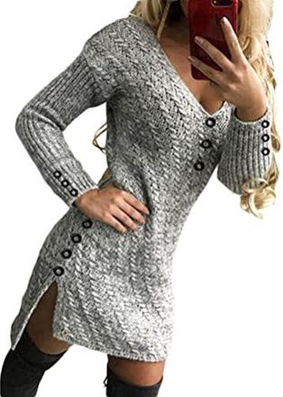 Onsoyours Robe Tricotée Femme Élégante Manches Longues Pull À Col en V Tunique Robe Tops Décontractée Chaude Mini Robe avec Fente B Gris XL