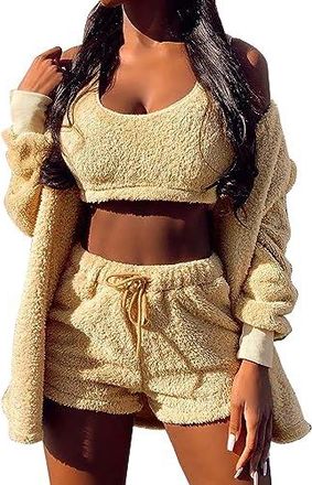 Generic Femmes Casual 3 Pi&egrave;ces Ensemble Fluffy Plush Pyjama &Agrave; Manches Longues Velours &Agrave; Capuche Veste Manteau + Short + Crop Top Mode Hiver Garder Au Chaud Su