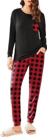 Ekouaer Pyjama Femme Ensemble Carreaux Pantalon Coton Vêtements De Nuit Chaud Pyjama 2 Pièces Poche Élastique Manches Longues, Rouge à Carreaux, XXL