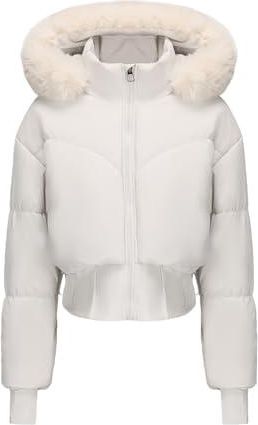 Generic Doudoune dhiver courte pour femme avec capuche en fausse fourrure et col montant avec fermeture &eacute;clair, Blanc/gris, XXL