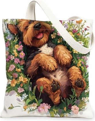 Generic Sac fourre-tout en toile motif chien Airedale Terrier de printemps 33 x 38 cm, joli champ de fleurs r&eacute;utilisable, sac d&eacute;picerie pour femme, peinture d
