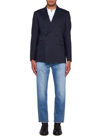 Tagliatore Mens Linen And Wool-Blend Double-Breasted Blazer Blue Jacket