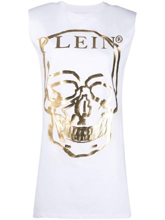 Philipp Plein robe sans manches &agrave; logo m&eacute;tallis&eacute; - Blanc