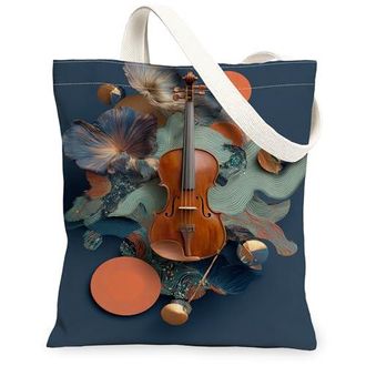 Generic Sacs fourre-tout en toile marine artistique, motif violon moderne, sacs d&eacute;picerie r&eacute;utilisables, l&eacute;gers et lavables en toile pour, bleu marine, 13x15 
