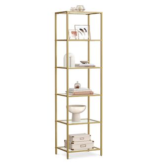 Vasagle Regal mit 6 Ablagen, Badregal, geh&auml;rtetes Glas, einfache Montage, f&uuml;r Badezimmer, Wohnzimmer, K&uuml;che, B&uuml;ro, transparent-metallisches Gold LGT500A01