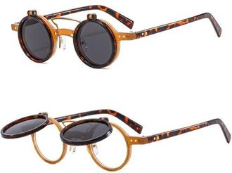 Generic Lunettes de soleil rondes rétro punk à double rabat pour homme et femme avec monture léopard UV400 rivets, Orange Léopard Gris, Taille unique