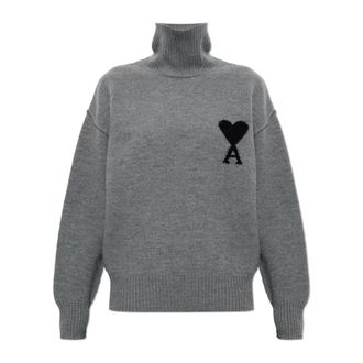 Ami Wollpullover mit Rollkragen und Logo - - Knitwear - Damen - Grau - S