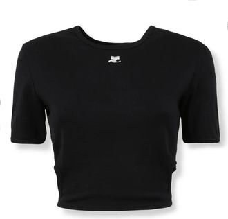 Courr&egrave;ges Femme, Tops, Noir, Taille: 38 FR Ribbon Cut-Out Contrast T-Shirt